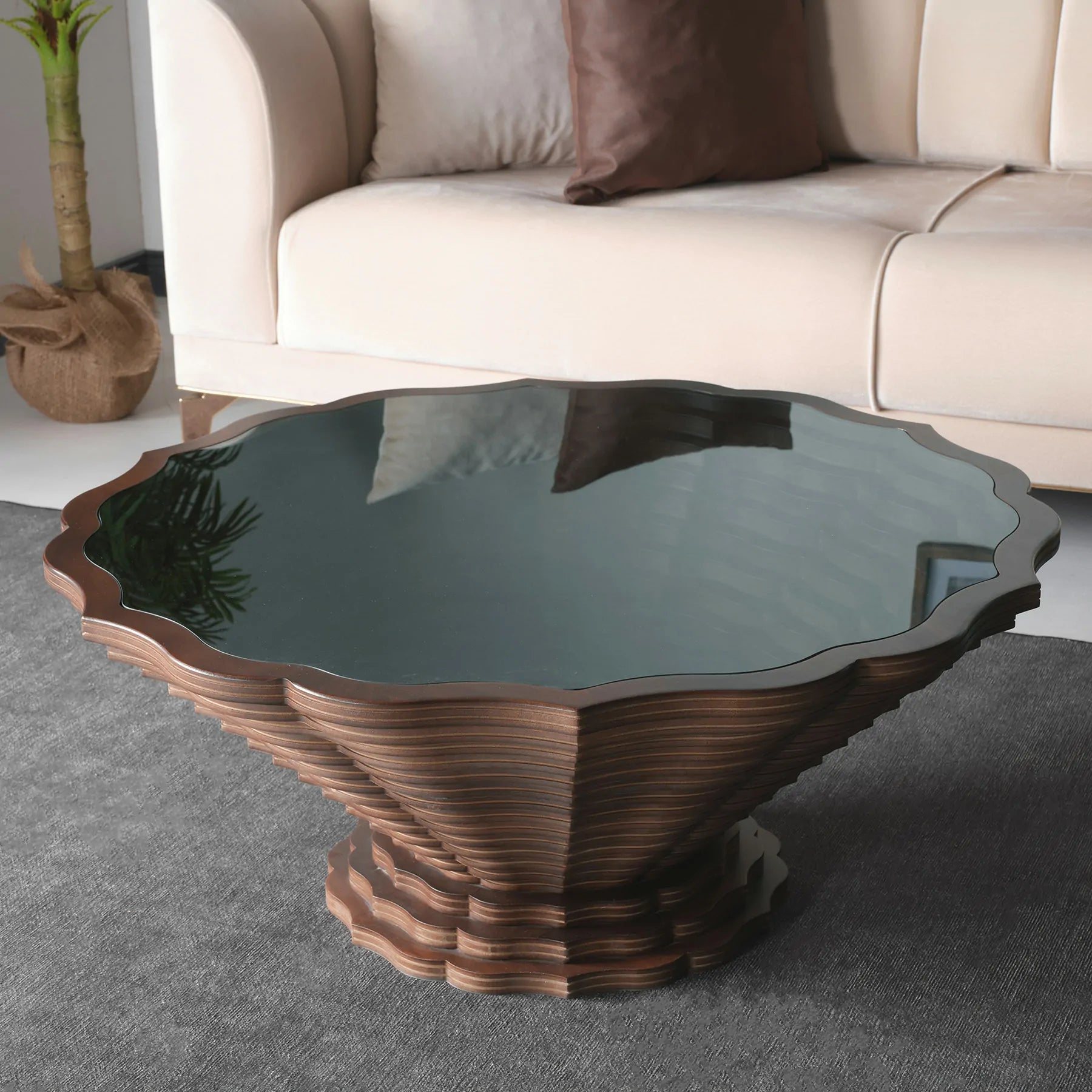 Elegant Scalloped Edge Coffee Table | Rippled Wood Base Design ...